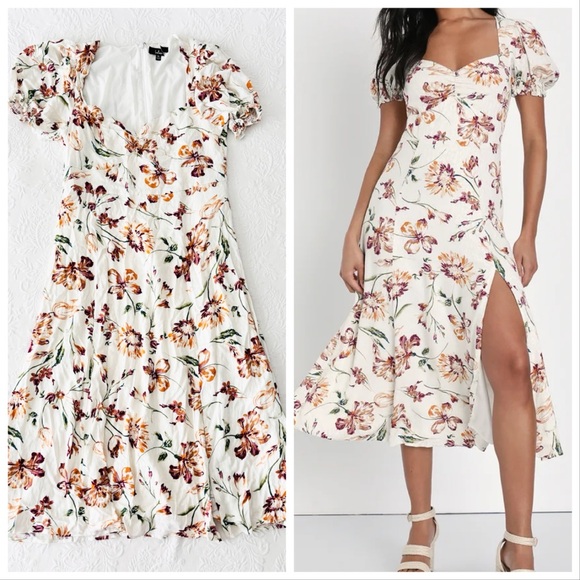 Lulus | Dresses | Nwot Lulus Parisian Picnic Cream Floral Jacquard Puff ...